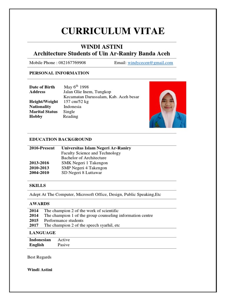 Curriculum Vitae: Windi Astini Architecture Students of Uin Ar-Raniry Banda Aceh | PDF | Art