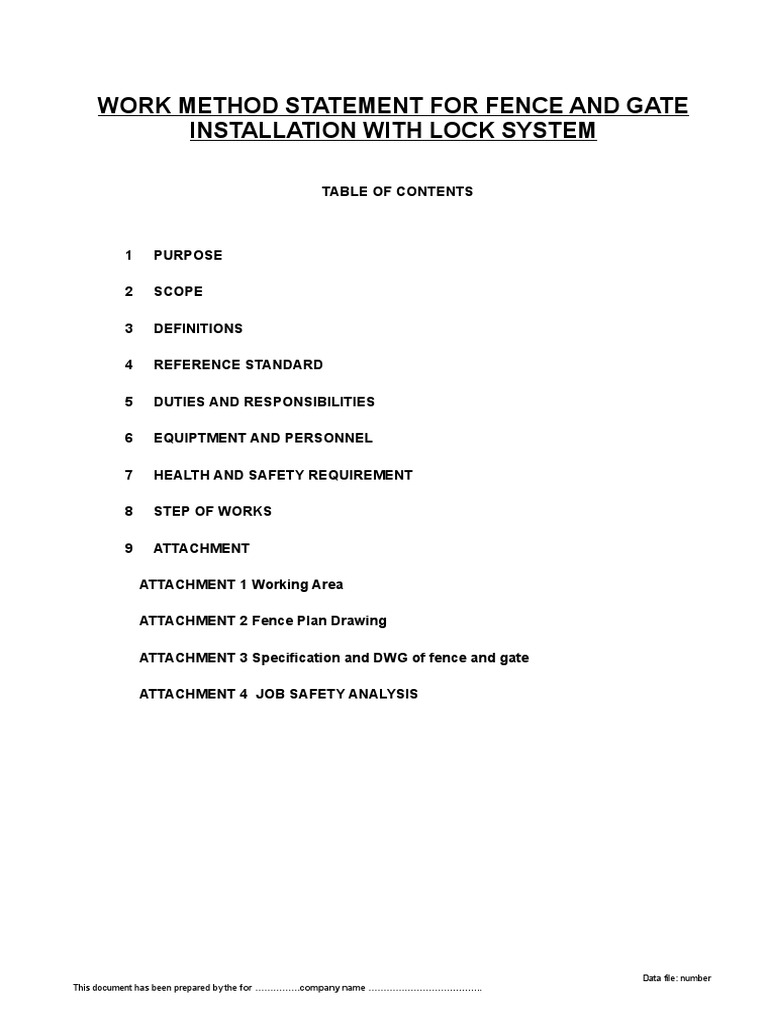 Fence Installation Work Method Statement | PDF | Safety | Specification ...