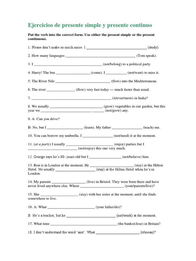 Presente simple y continuo ejercicios | PDF