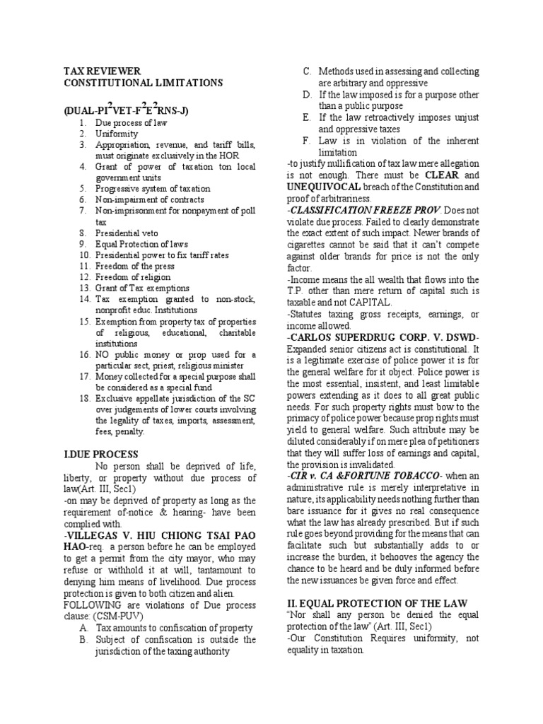 Tax Reviewer Constitutional Limitations (Dual-Pi Vet-F E RNS-J) | PDF | Double Taxation | Tax ...