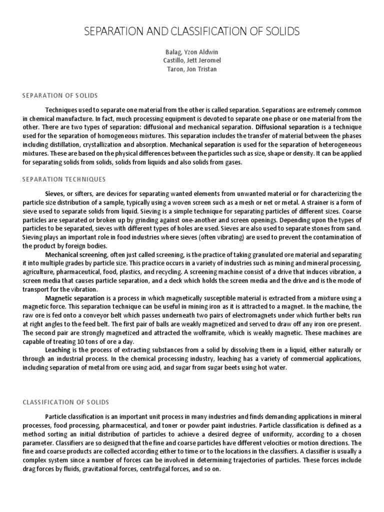 Separation and Classification of Solids | PDF | Solid | Chemical ...