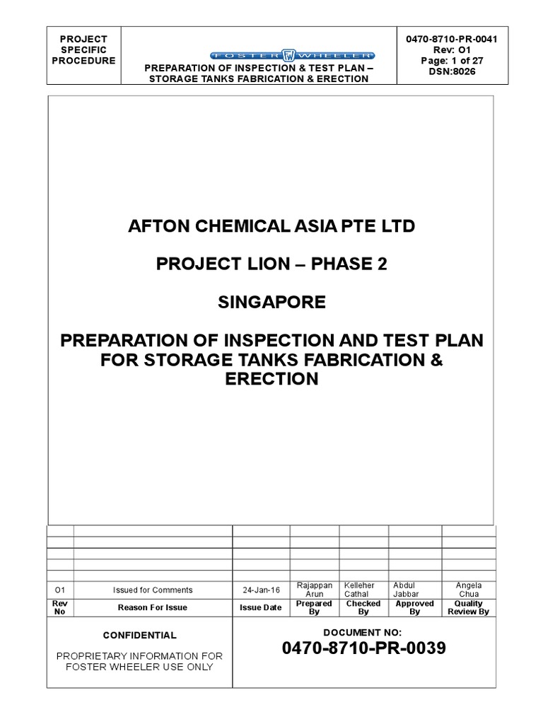 Prepration of ITP For Storage Tanks Fabrication & Erection | PDF ...