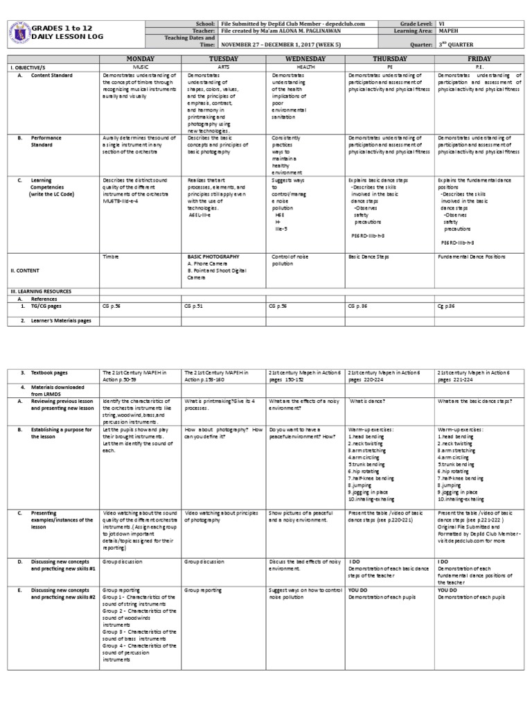 DLL - Mapeh 6 - Q3 - W5 | PDF | Musical Instruments | Dances