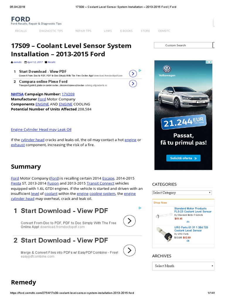 17S09 - Coolant Level Sensor System Installation - 2013-2015 Ford ...