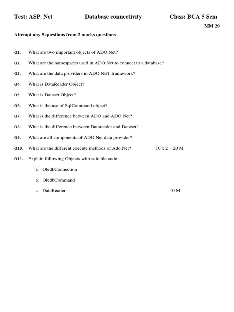 Test: ASP. Net Database Connectivity Class: BCA 5 Sem: MM 20 Attempt ... Test: ASP. Net Database Connectivity Class: BCA 5 Sem: MM 20 Attempt ...
