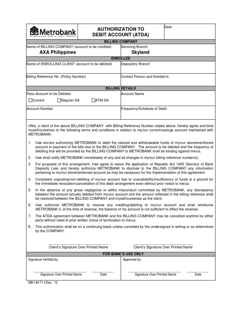 Metrobank ADA Form PDF | Download Free PDF | Debit Card | Banks