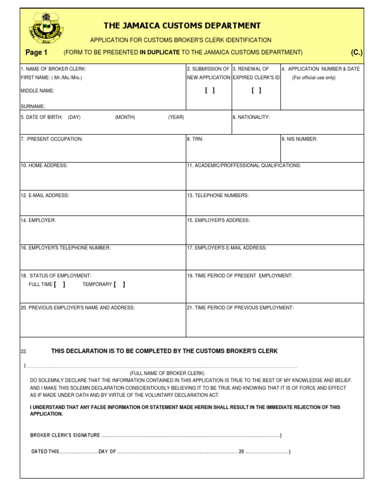 The Jamaica Customs Department: This Declaration Is To Be Completed by ...