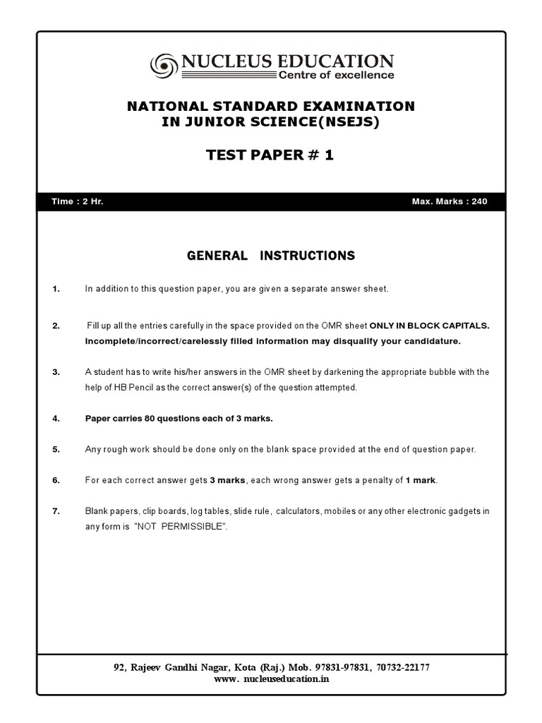 National Standard Examination in Junior Science (Nsejs) : Test Paper ...