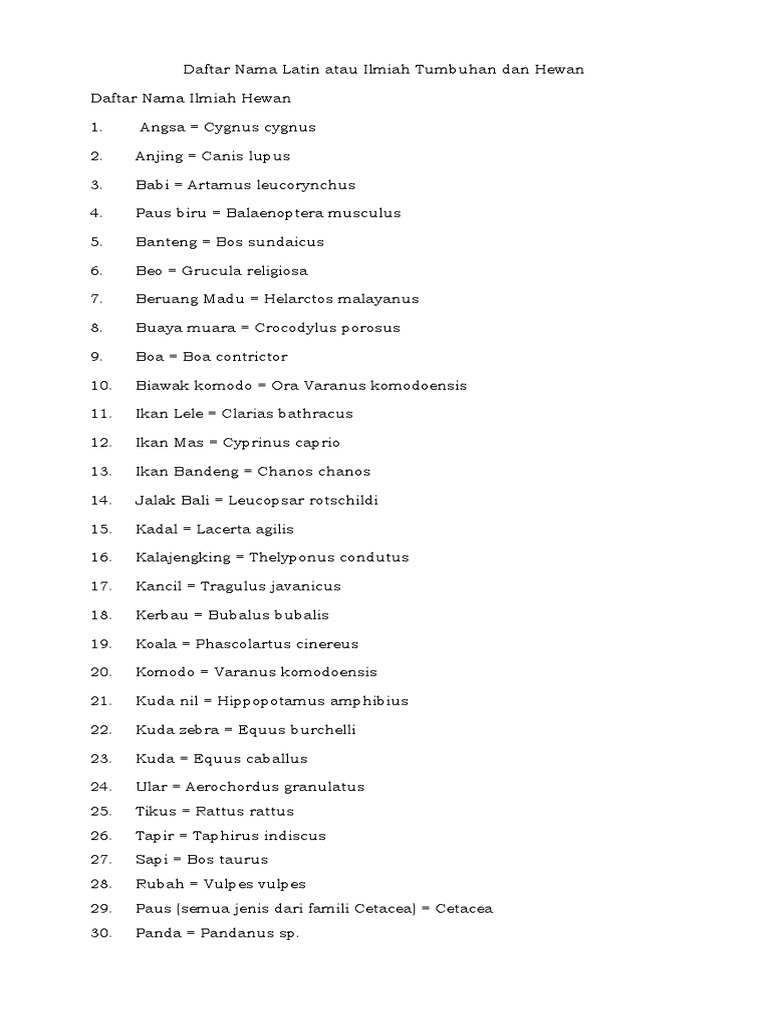 Daftar Nama Latin Atau Ilmiah Tumbuhan Dan Hewan | PDF