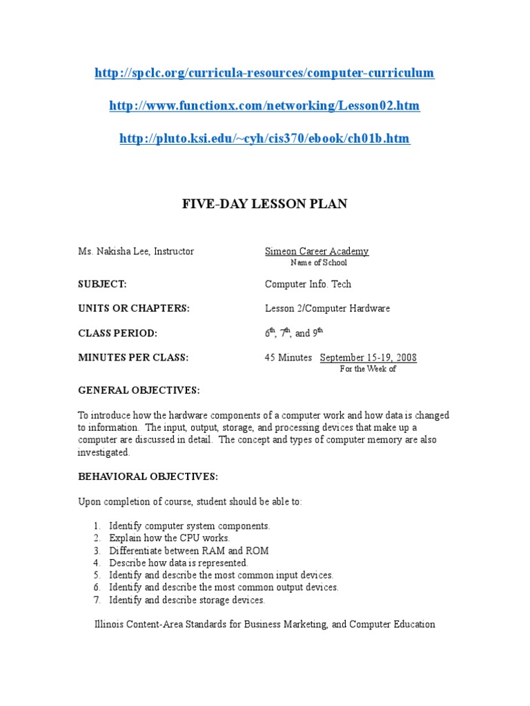 Lesson Plan Computers 9-15 | PDF | Input/Output | Computer Data Storage