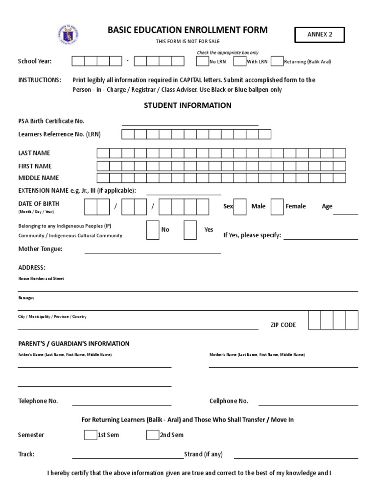 Basic Enrolment Form - Annex 2 DepEd Order 3 s2018 | PDF | Birth ...
