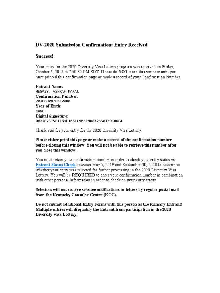 DV-2020 Submission Confirmation: Entry Received Success! | PDF | Social ...