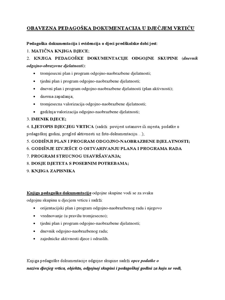 Pedagoška Dokumentacija I Upravljačka Tijela U Vrtiću | PDF