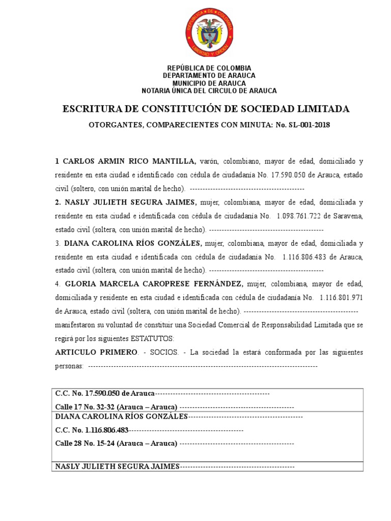Escritura de Constitución de Sociedad de Responsabilidad Limitada ... Escritura de Constitución de Sociedad de Responsabilidad Limitada ...