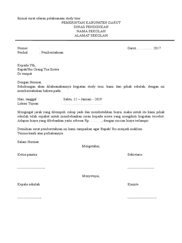 Format Surat Edaran Sekolah Tentang Study Tour | PDF