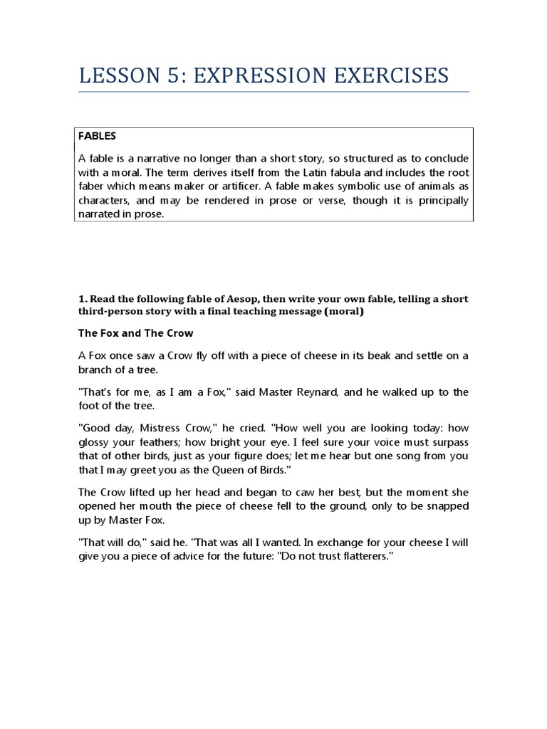 Lesson 5: Expression Exercises: Fables | PDF