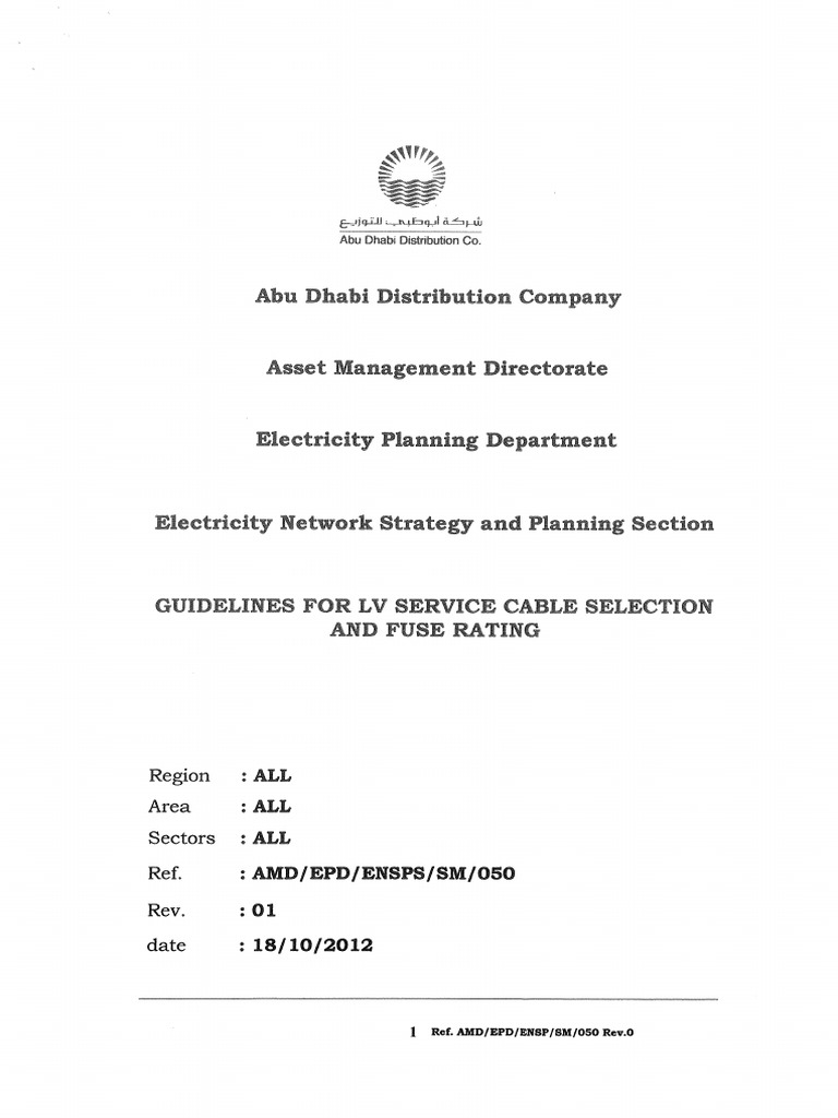 Addc Guidlines For LV Services Cable Selection and Fuse Rating PDF | PDF