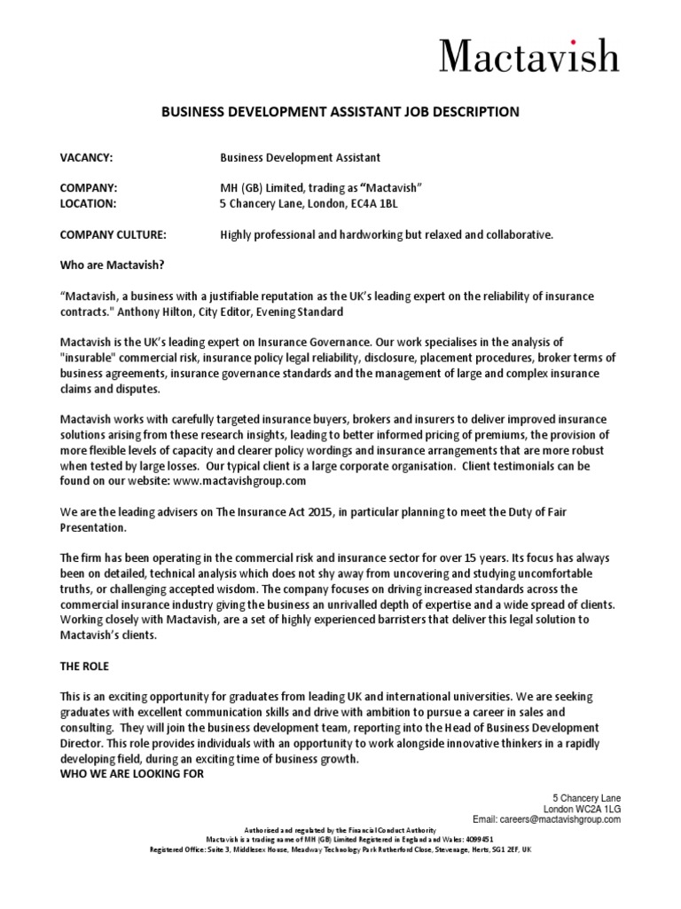 Mactavish - Business Development Assistant Job Description PDF | PDF ...