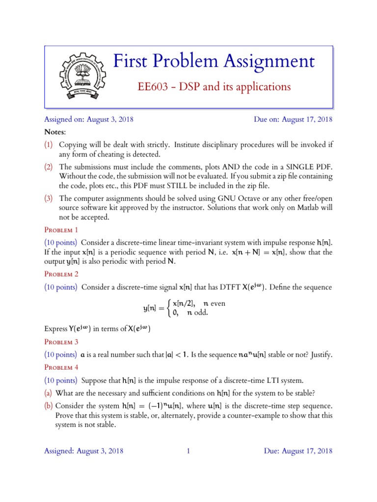 First Problem Assignment: EE603 - DSP and Its Applications | PDF | Signal Processing | Control ...