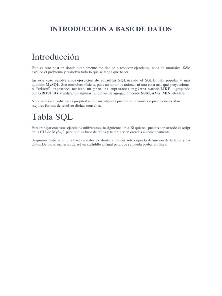 Introduccion A Base de Datos - Ejercicios | PDF | SQL | Bases de datos