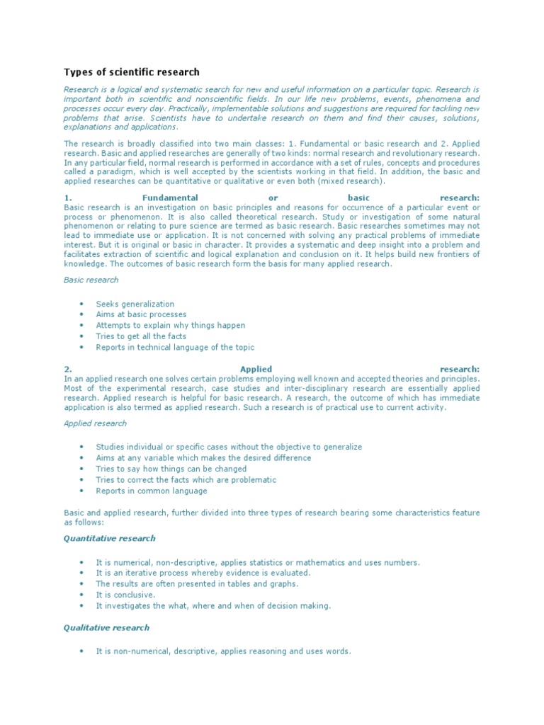 Types of Scientific Research Explained | PDF | Scientific Method ...