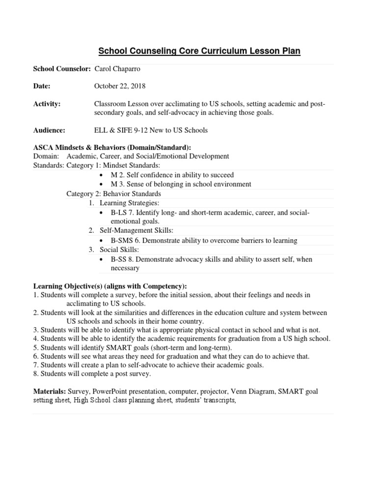School Counseling Core Curriculum Lesson Plan | PDF | School Counselor ...