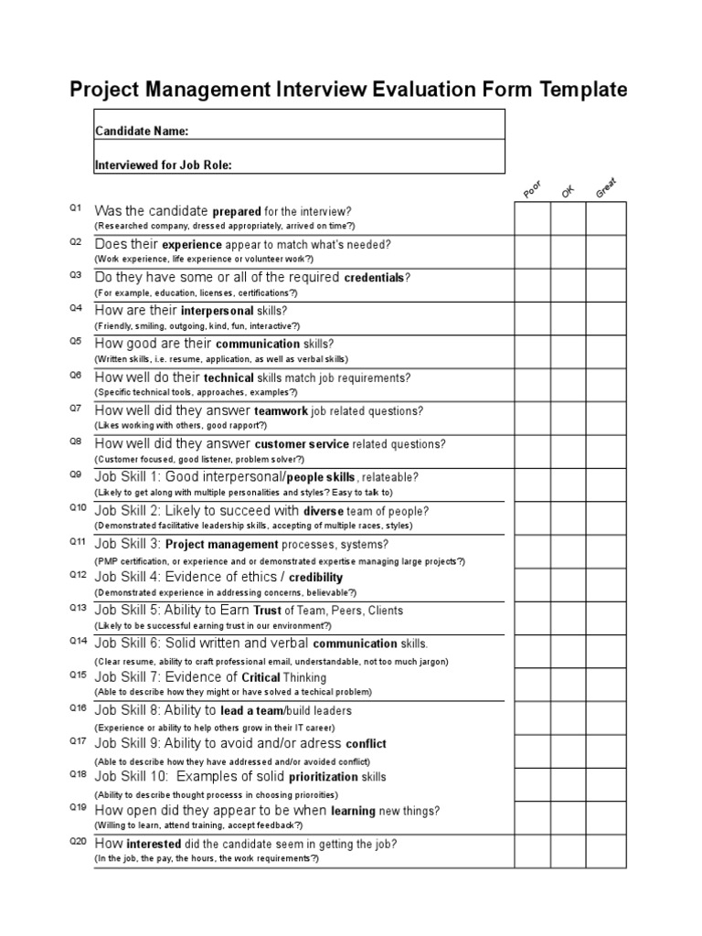 2c.project Management Interview Evaluation Form Template | PDF ...