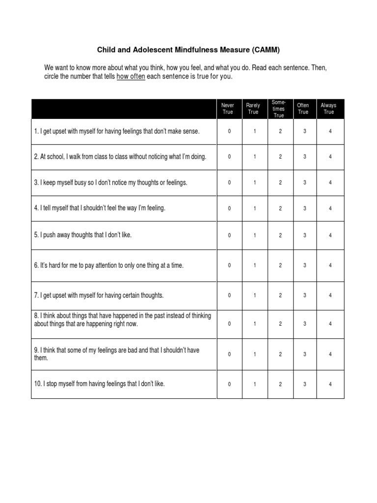 Child and Adolescent Mindfulness Measure | PDF | Mindfulness | Adolescence