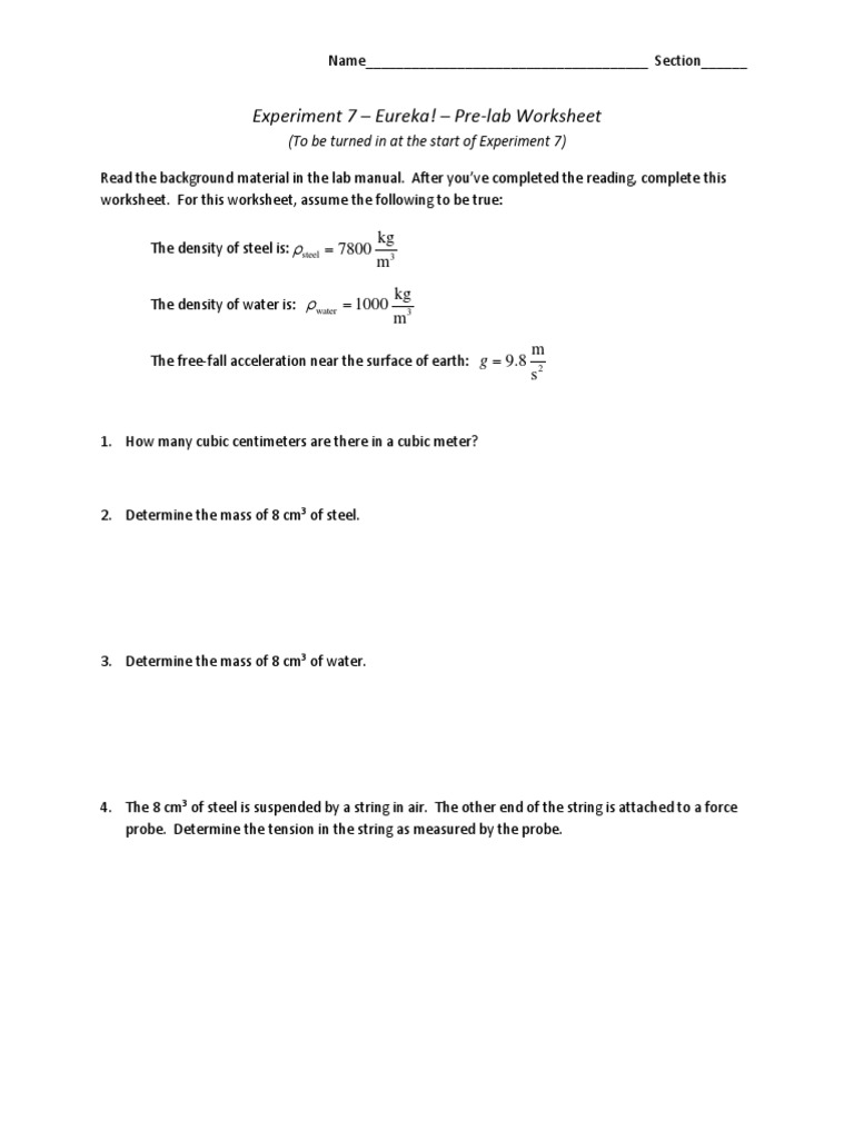 Experiment 7 Pre Lab Worksheet Physics 101 | PDF | Tension (Physics) | Mass