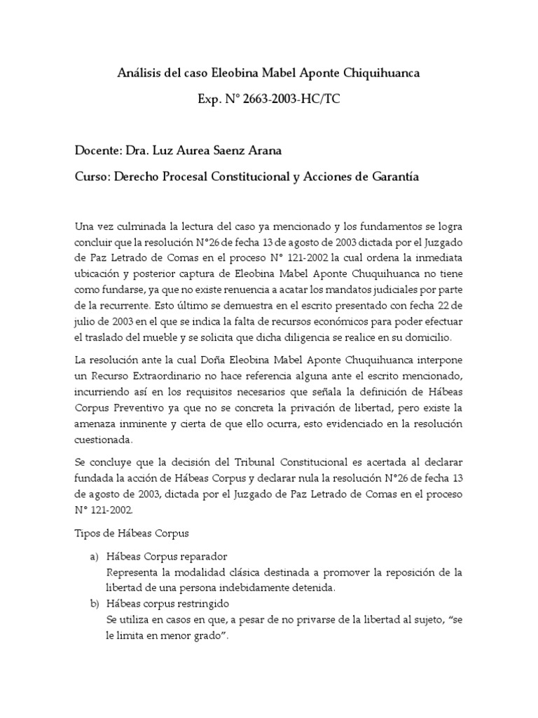 Análisis Del Caso Eleobina Mabel Aponte Chiquihuanca | PDF | Habeas corpus | Esfera pública