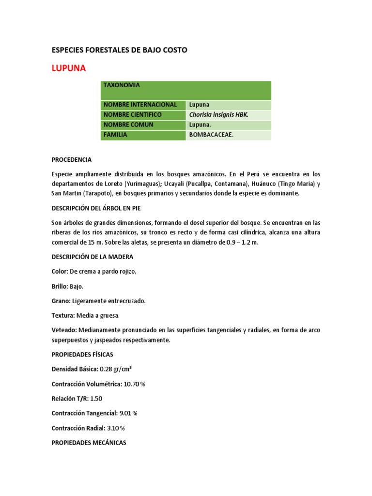 Características del Árbol Lupuna | PDF | Madera | Arboles