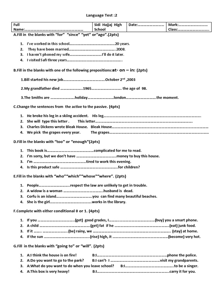 At-On - In:: Language Test:2 | PDF