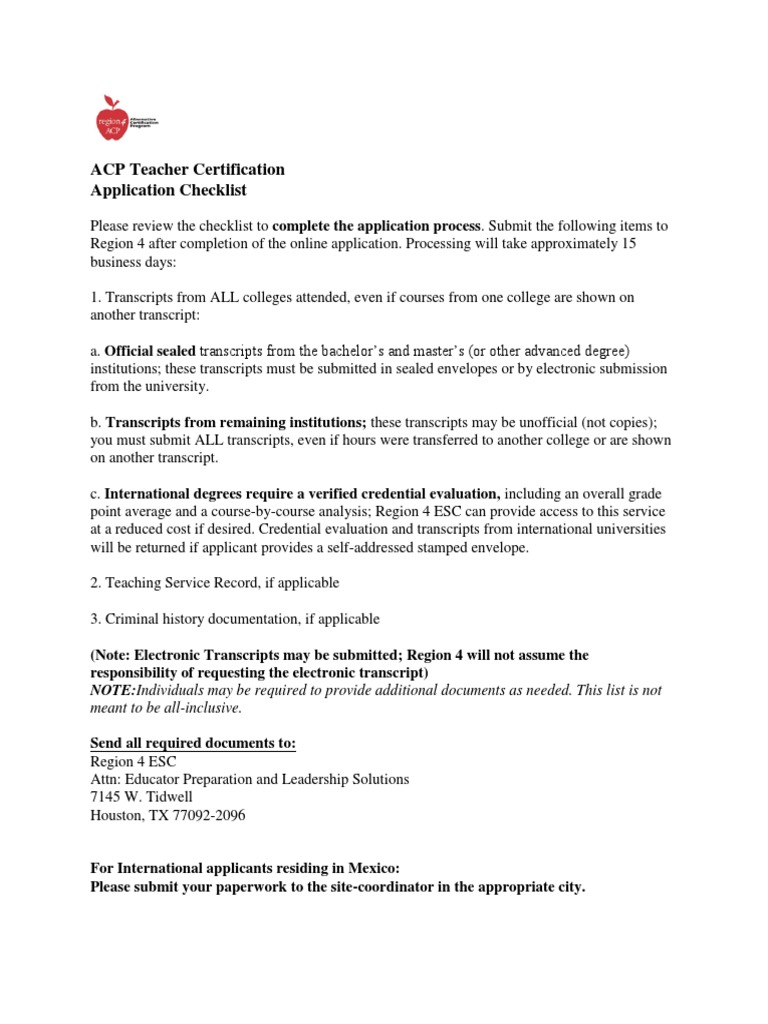 ACP Teacher Certification Application Checklist: Meant To Be All ...