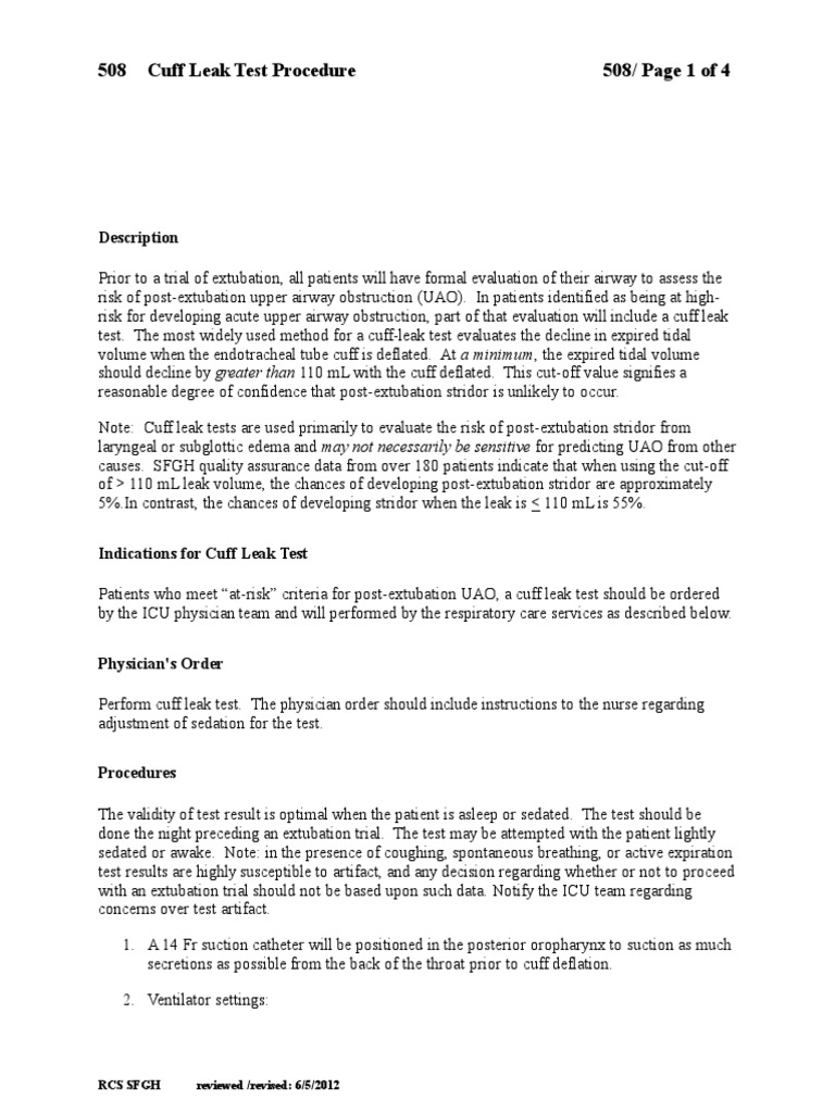 508 Cuff Leak Test Procedure 508/ Page 1 of 4: Description | PDF ...