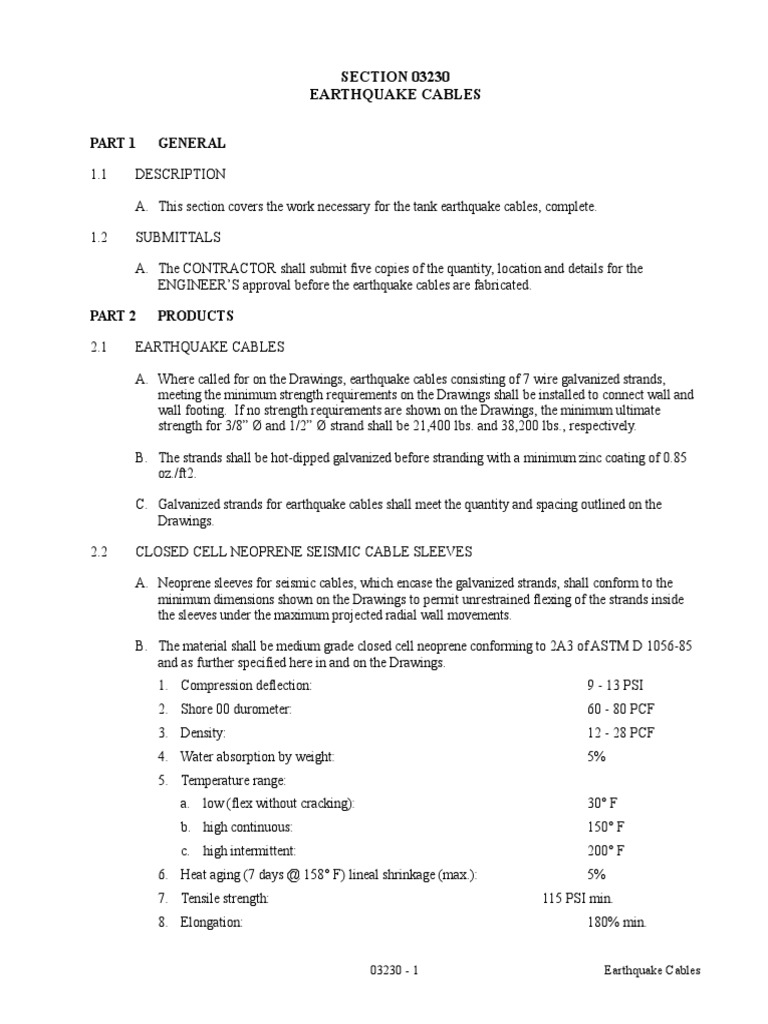Part 1 General: SECTION 03230 Earthquake Cables | PDF | Galvanization | Building Technology