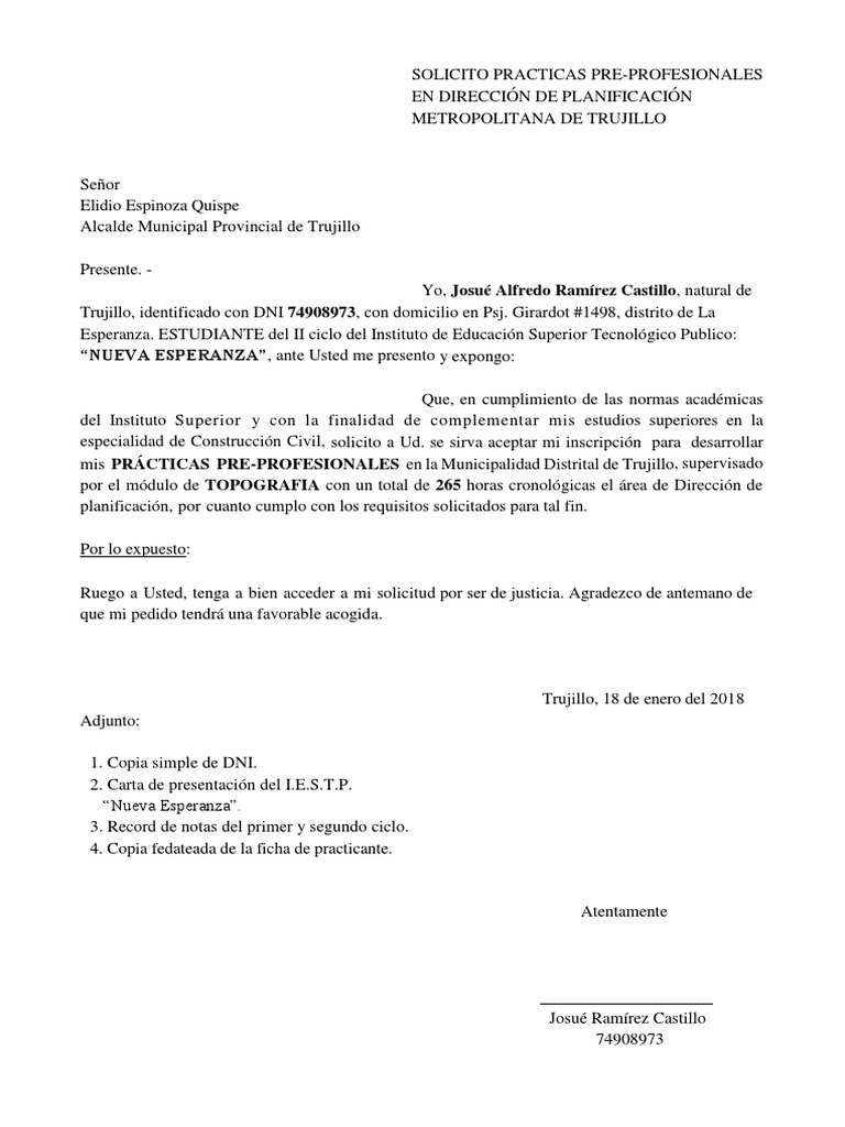 Solicitud de Practicas Pre Profesionales | PDF