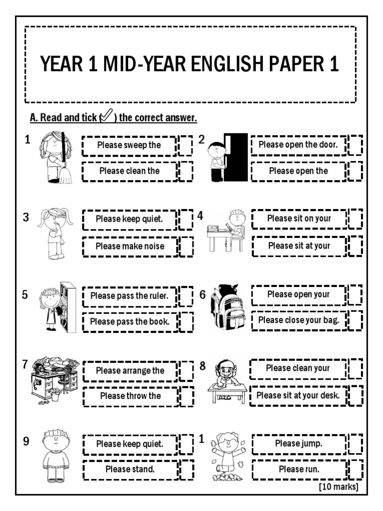 Year 1 Mid-Year English Paper 1: A. Read and Tick The Correct Answer ...