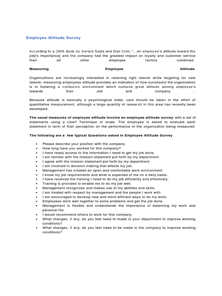 Employee Attitude Survey Guide | PDF | Attitude (Psychology) | Job ...