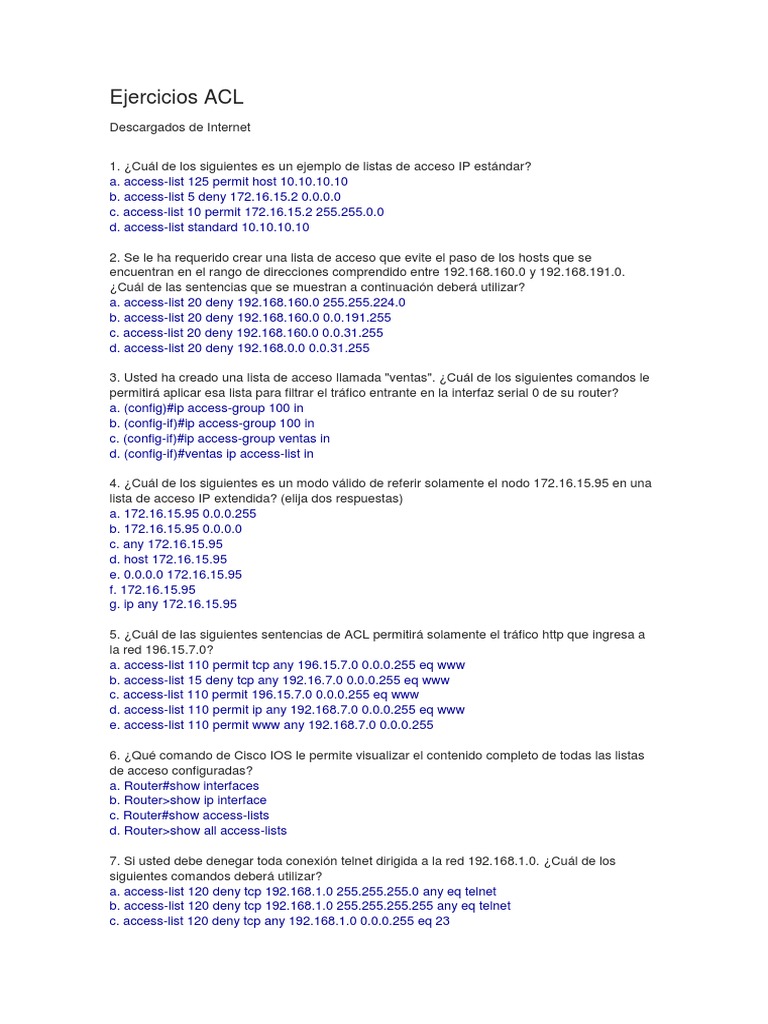 Ejercicios ACL | PDF | Dirección IP | Enrutador (Computación)