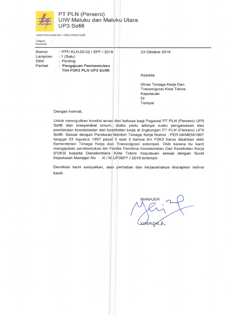 Pengajuan Pembentukan Tim p2k3 PLN Up3 Soffi | PDF