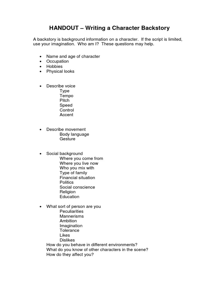 Handout - Writing A Character Backstory | PDF