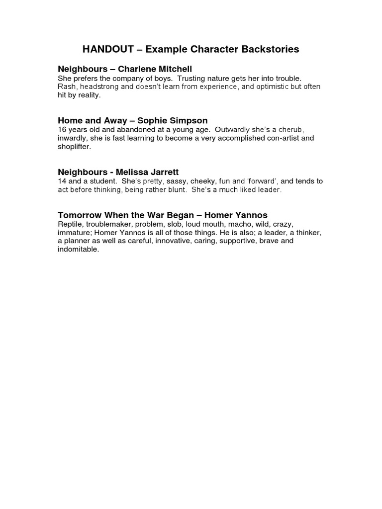 Handout - Example Character Backstories: Neighbours - Charlene Mitchell ...