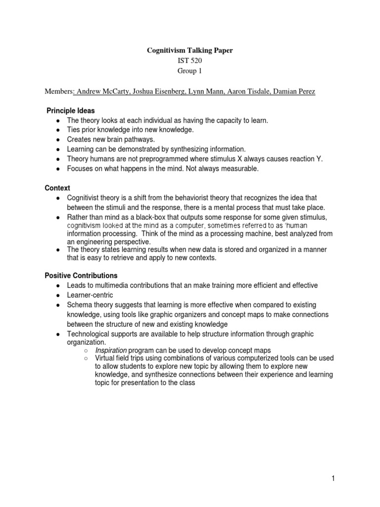 Cognitivism Talking Paper 04032018 | PDF | Learning | Cognition