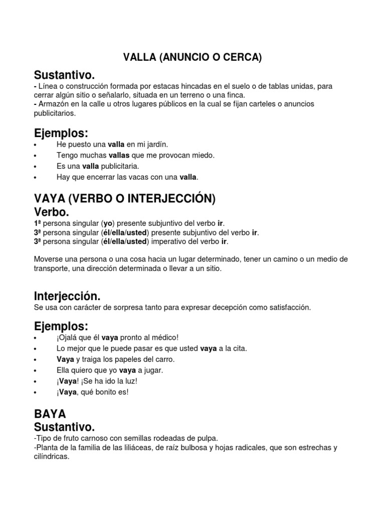 Ejercicios con vaya, valla y baya | PDF