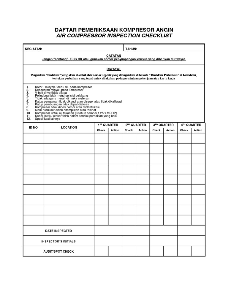 Checklist Air Compressor | PDF