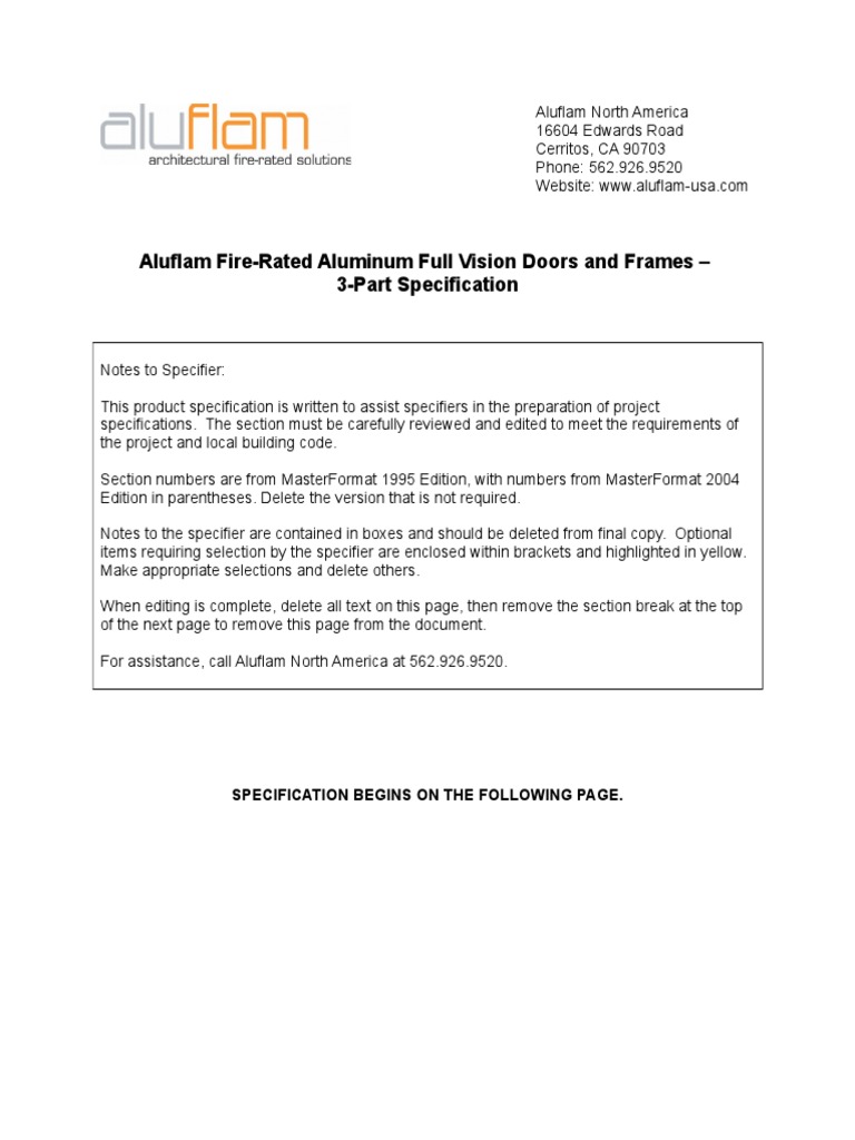 Aluflam Fire-Rated Aluminum Full Vision Doors and Frames - 3-Part ...