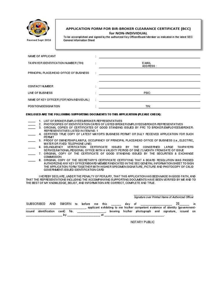 Application Form For Bir-Broker Clearance Certificate (BCC) For Non ...