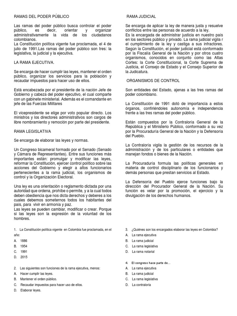 Taller Ramas Del Poder Público 4° | PDF | Legislatura | Constitución