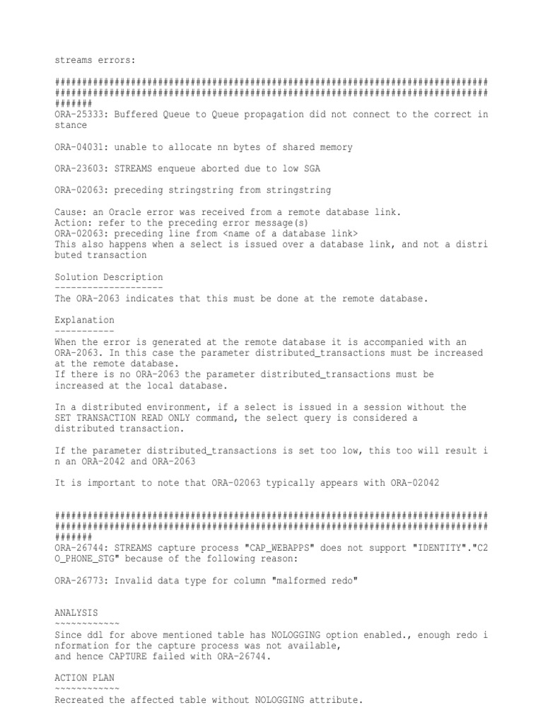 Streams Errors | PDF | Oracle Database | Software Bug
