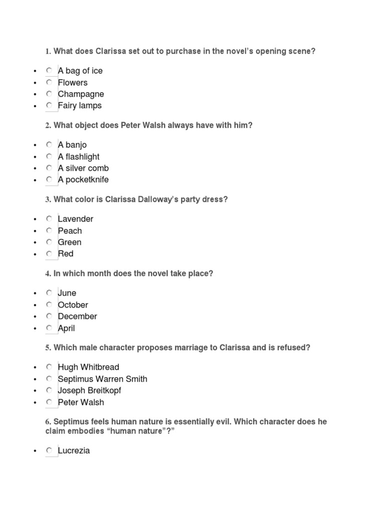 Mrs. Dalloway Character Quiz Questions | PDF